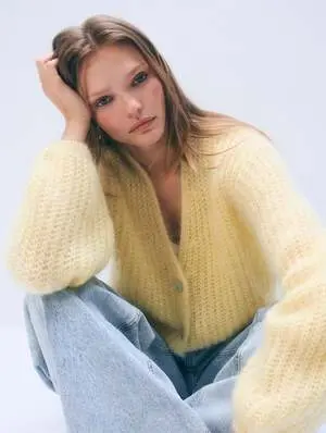 WHITE & WARREN White & Warren Mohair Luxe Open Cardigan Sweater In Ivory Lemonade