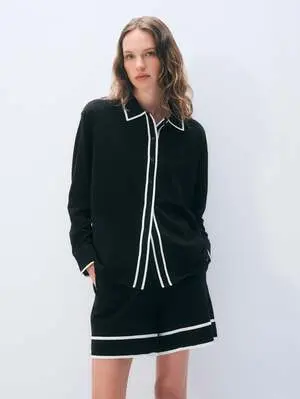 WHITE & WARREN Linen Blend Shirt Sweater In In Size In Cotton/linen/polyester - Black/white