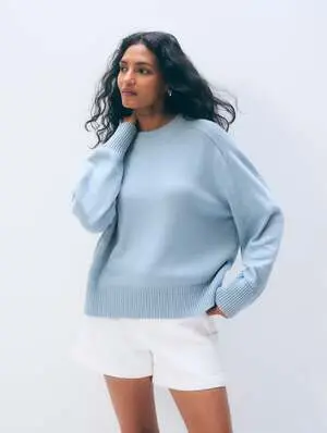 WHITE & WARREN Cotton Cashmere Crewneck Top In Size In Cotton/cashmere - Light Blue