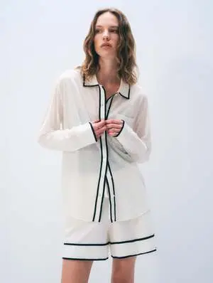WHITE & WARREN Linen Blend Shirt Sweater In In Size In Cotton/linen/polyester - White/black