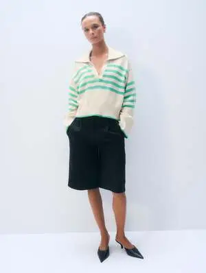 WHITE & WARREN Varsity Cotton Striped Polo Sweater In Size In Cotton/polyester - Green