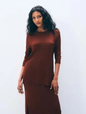 WHITE & WARREN Luster Viscose Long Sleeve Crewneck Top In Size - Brown