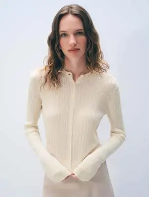 WHITE & WARREN White & Warren Cashmere Linen Fine Cable Cardigan Sweater In Black Ivory