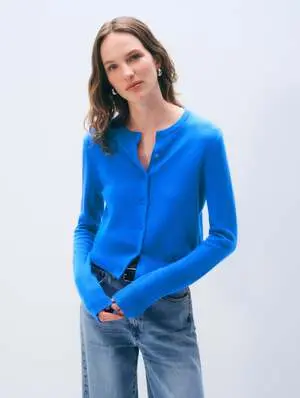WHITE & WARREN Cashmere Crewneck Cardigan Sweater In Size - Azure