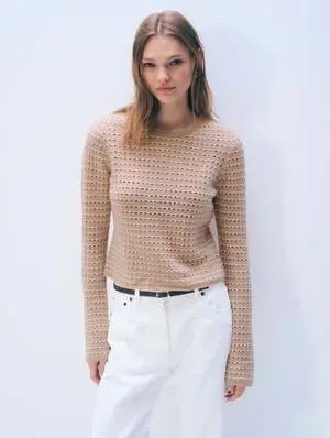 WHITE & WARREN White & Warren Cashmere Striped Pointelle Top In Muted Camel Muted Camel