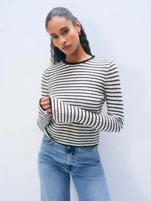 WHITE & WARREN Cashmere Striped Pointelle Top - Soft White/black