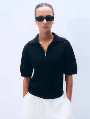WHITE & WARREN Cashmere Mesh Polo Sweater In Size - Navy