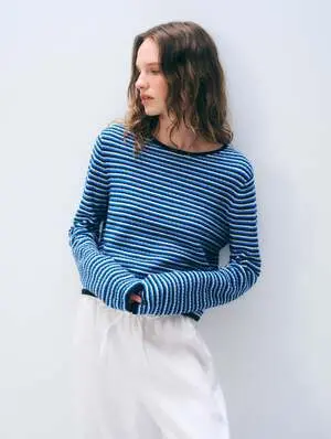 WHITE & WARREN Cashmere Striped Sweater In Size - Blue