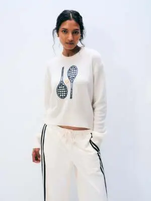 WHITE & WARREN Cashmere Tennis Embroidered Sweatshirt In Size - White