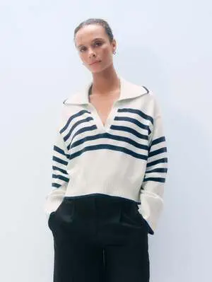 WHITE & WARREN Varsity Cotton Striped Polo Sweater In Size In Cotton/polyester - Navy