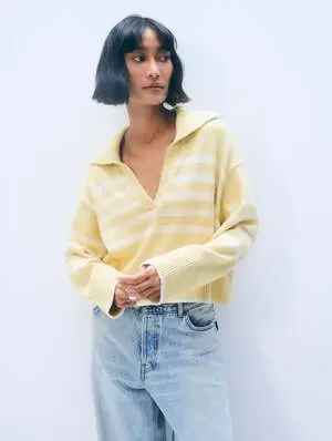 WHITE & WARREN Varsity Cotton Striped Polo Sweater In Size In Cotton/polyester - Ivory