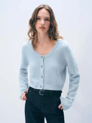 WHITE & WARREN Cashmere Scoop Neck Cropped Cardigan - Blue