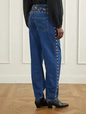 Farm Rio Studded Embroidered Mid-rise Straight-leg Jeans