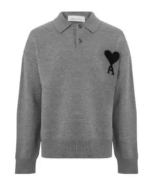 AMI Paris Knitted Polo Shirt - Grey