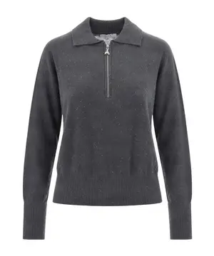 Patrizia Pepe Collared Quarter Zip Sweater With Speckled Knit And Ribbed Details