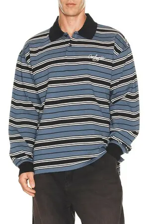 Carhartt Work In Progress Long Sleeve Devitt Rugby Shirt In Devitt Stripe & Scarab In Grey - Devitt Stripe & Icesheet