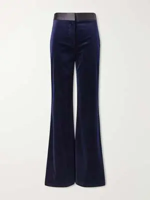 Victoria Beckham Alina Satin-trimmed Cotton-blend Velvet Flared Pants - Navy