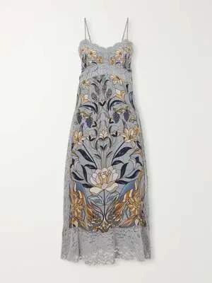Farm Rio Stained Glass Beauty Printed Guipure Lace-trimmed Satin Midi Dress - Blue