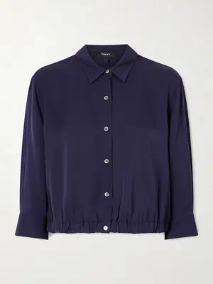 Theory Gathered Crop Silk-crepe Shirt - Blue