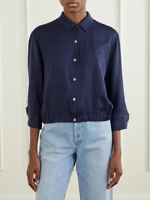Theory Gathered Crop Silk-crepe Shirt - Blue
