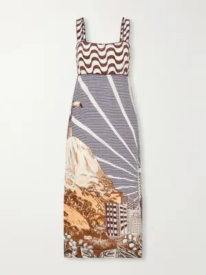 Farm Rio Farm Rio Mixed Carioca Coffee Scarves Printed Voile Midi Dress Neutrals