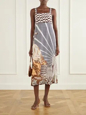 Farm Rio Mixed Carioca Coffee Scarves Printed Voile Midi Dress - Neutrals
