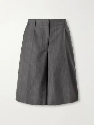 Our Legacy Jumbo Distressed Pleated Striped Cotton And Wool-blend Shorts - Gray