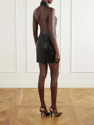 Balmain Paneled Halterneck Leather Mini Dress