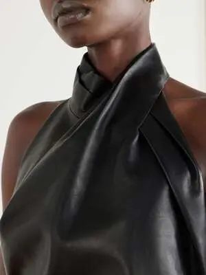 Balmain Paneled Halterneck Leather Mini Dress