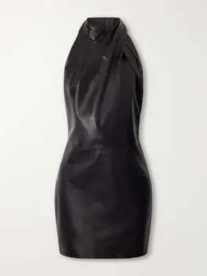 Balmain Paneled Halterneck Leather Mini Dress - Black