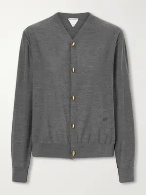 Bottega Veneta Logo Embroidered Wool Cardigan - Gray