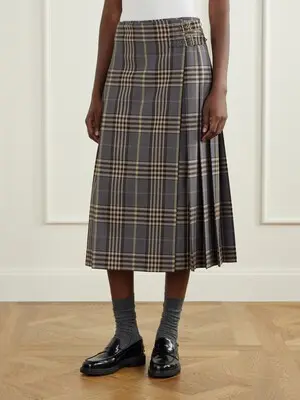 Burberry Pleated Checked Wool Midi Skirt - Neutrals