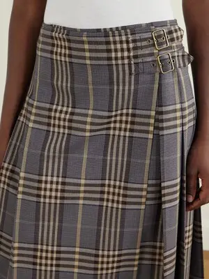 Burberry Pleated Checked Wool Midi Skirt - Neutrals