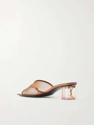 Saint Laurent Sip 45 Cassandre-embellished Patent-leather Trimmed Mesh Mules