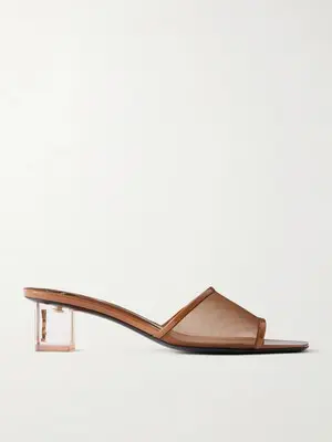 Saint Laurent Cassandre-embellished Patent Leather Trimmed Mesh Mules - Brown