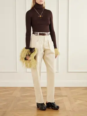 La DoubleJ Feathers-trimmed Ribbed Cashmere And Silk-blend Turtleneck Sweater - Brown