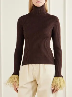 La DoubleJ Feathers-trimmed Ribbed Cashmere And Silk-blend Turtleneck Sweater - Brown