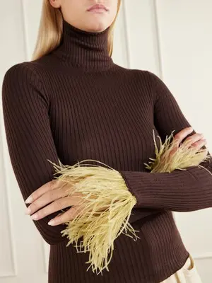 La DoubleJ Feathers-trimmed Ribbed Cashmere And Silk-blend Turtleneck Sweater - Brown