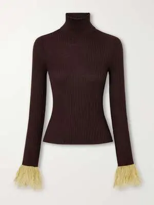 La DoubleJ Feathers-trimmed Ribbed Cashmere And Silk-blend Turtleneck Sweater