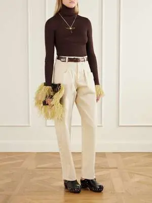 La DoubleJ Feathers-trimmed Ribbed Cashmere And Silk-blend Turtleneck Sweater