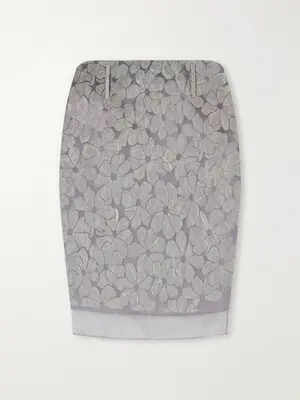 Marni Tiered Floral-appliquéd Organza Midi Skirt - Gray