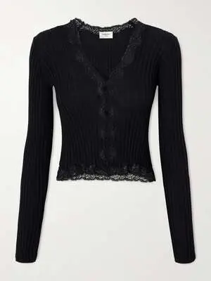 Saint Laurent Ribbed Lace-trimmed Wool, Cashmere And Silk-blend Cardigan - Black