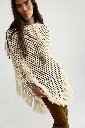 Free People Norr Crochet Poncho With Fringe Trim - Ivory