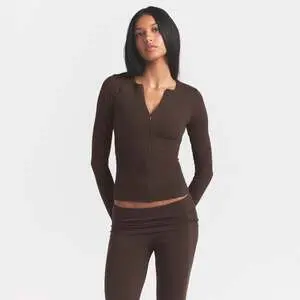SKIMS Cotton Rib Zip Up Jacket Top - Espresso