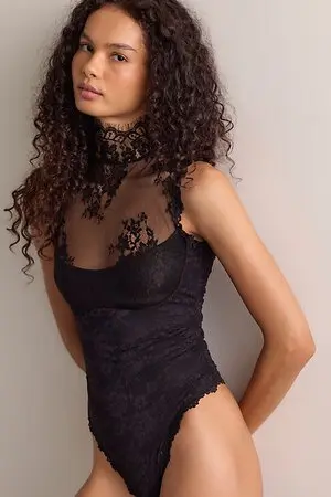 Free People Intimately Bodysuit With Scalloped Lace And High Mock Neckline
