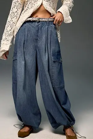 Free People FREE PEOPLE Cinched Wide-Leg Jeans Cobalt
