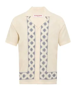 Orlebar Brown Geometricembroidered Campcollar Shortsleeve Shirt - Nude
