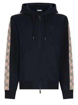 Burberry Felpa In Cotone Con Cappuccio, Cerniera E Finiture Check - Blue