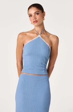 Astr The Label Milana Lace Trim Halter Top - Blue
