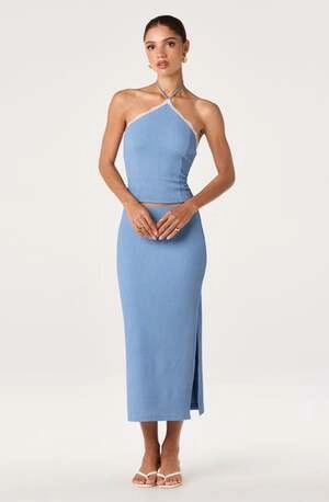 Astr The Label Milana Lace Trim Halter Top - Blue